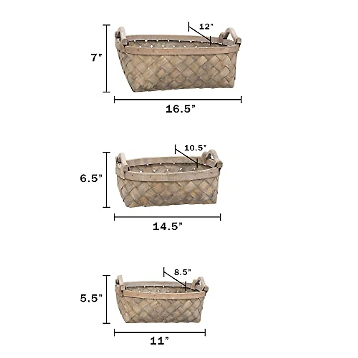 3/set Graywashed Oval Baskets W/wooden Handles Grey Farmhouse Wicker