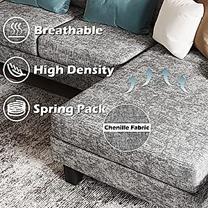 YESHOMY Convertible Sectional U-Shaped Couch with Soft Modern Cotton Chenille Fabric for Living Room, 4 Seats Oversized Sofas with Comfortable Backrest, Gray