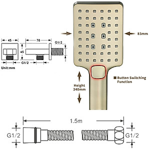 HAUSELIEBE Modern Shower Head Brushed Gold, Square Handheld Showerheads with Brass Shower Holder and 59Inch Shower Hose