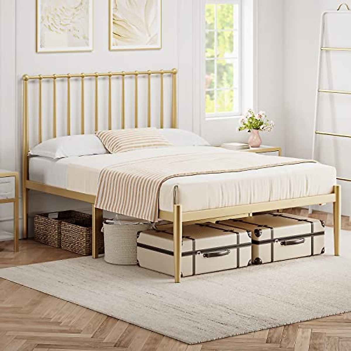 Amyove Gold Bed Frame Full Size Bed Frame with Modern Headboard, Platform Bed 14 Inches Metal Mattress Foundation for Storage, No Box Spring Needed, Easy Assembly, Gold