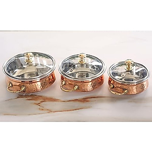 IndianArtVilla Steel Copper Handi Bowl with Brass Handle & Glass Lid, Serving Indian Dishes, 24 OZ