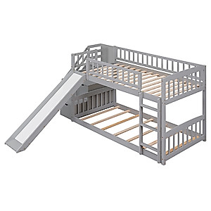 CITYLIGHT Twin Over Twin Bunk Bed with Slide and Stairs, Wooden Low Bunk Bed with Storage Stairs,Kids Bunk Bed with Slide for Girls Boys,No Box Spring Needed, Grey