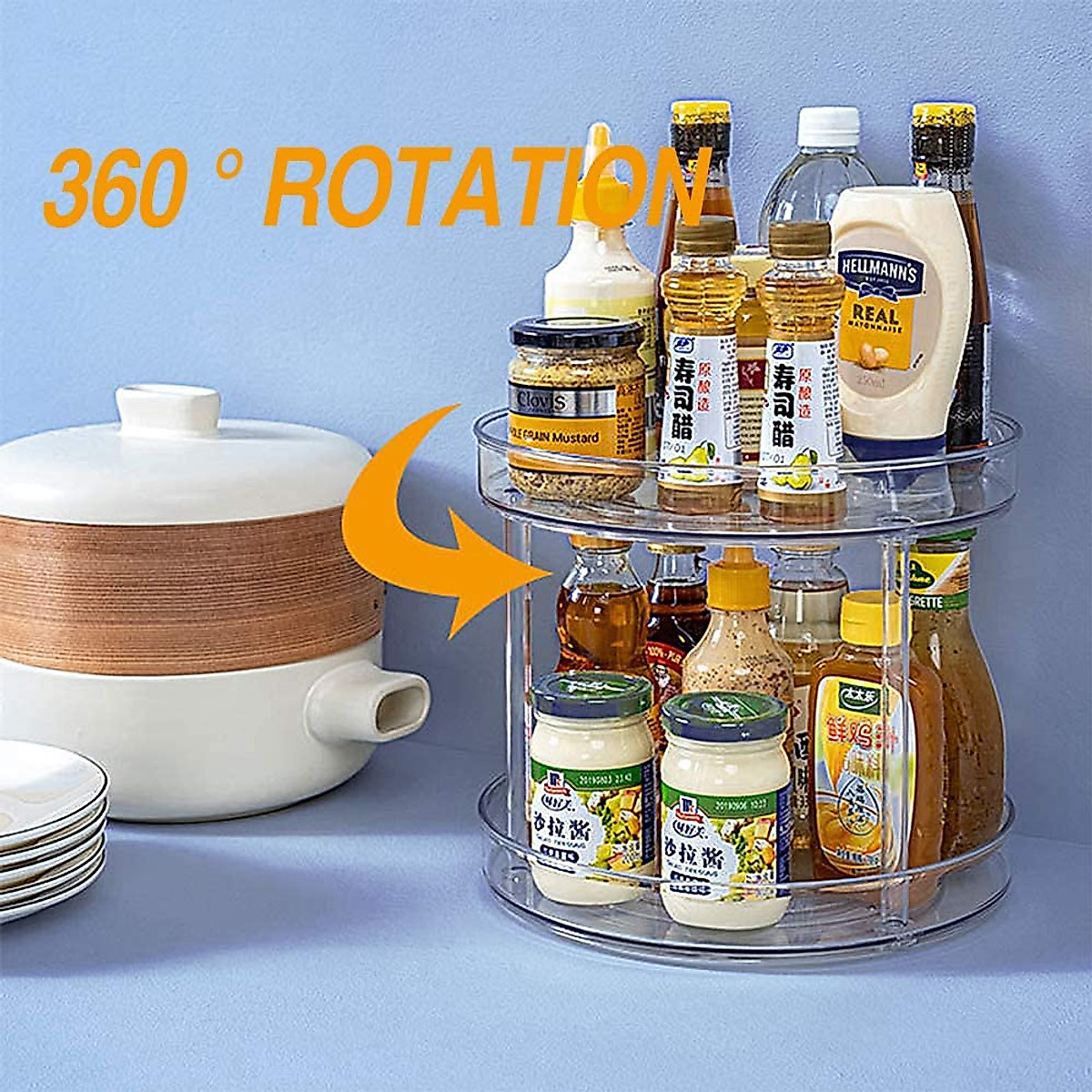 FIVOF Lazy Susan Round Plastic Clear Rotating Turntable Organization Storage Container Bins for Cabinet Pantry Fridge Kitchen Vanity Spinning Organizer for Spices Condiments (2-Tire-1-Pack, 9 inch)