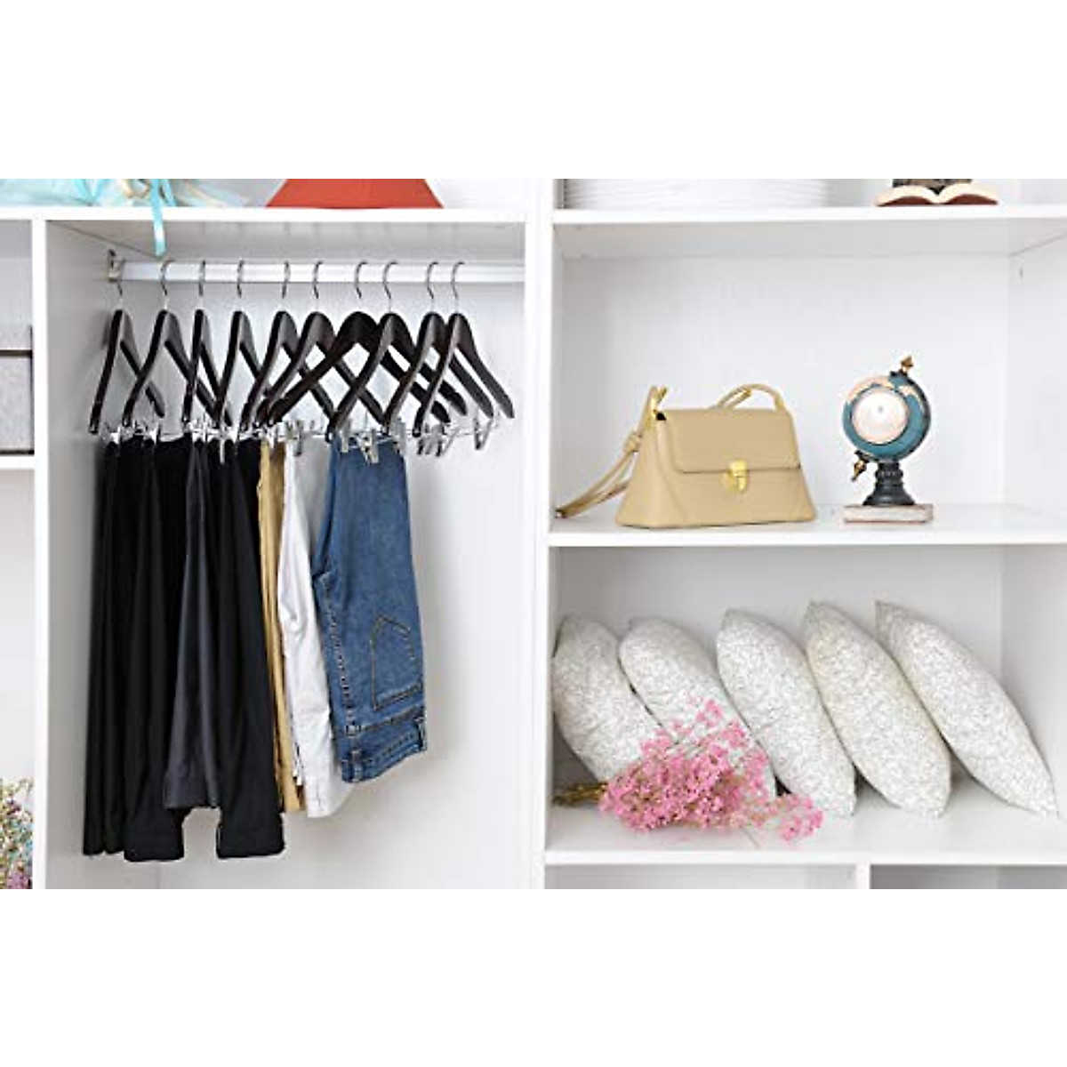 Quality Wooden Skirt Hangers with Clips Smooth Solid Wood Pants Hangers with Durable Adjustable Metal Clips, Swivel Hook, Coat, Jacket, Blouse Suit Hangers (Mahogany, 10)