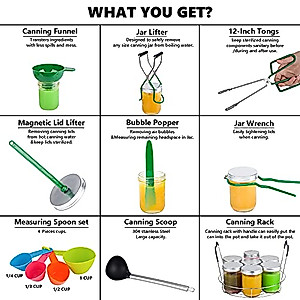 Canning Kit, 13 in 1 Canning Supplies Include Steamer Rack, Canning Funnel, Jar Lifter, Jar Wrench, Canning Tongs, Lid Lifter, Bubble Popper, Jar Brush, Canning Ladle, 4pcs Measuring Cups (Green)