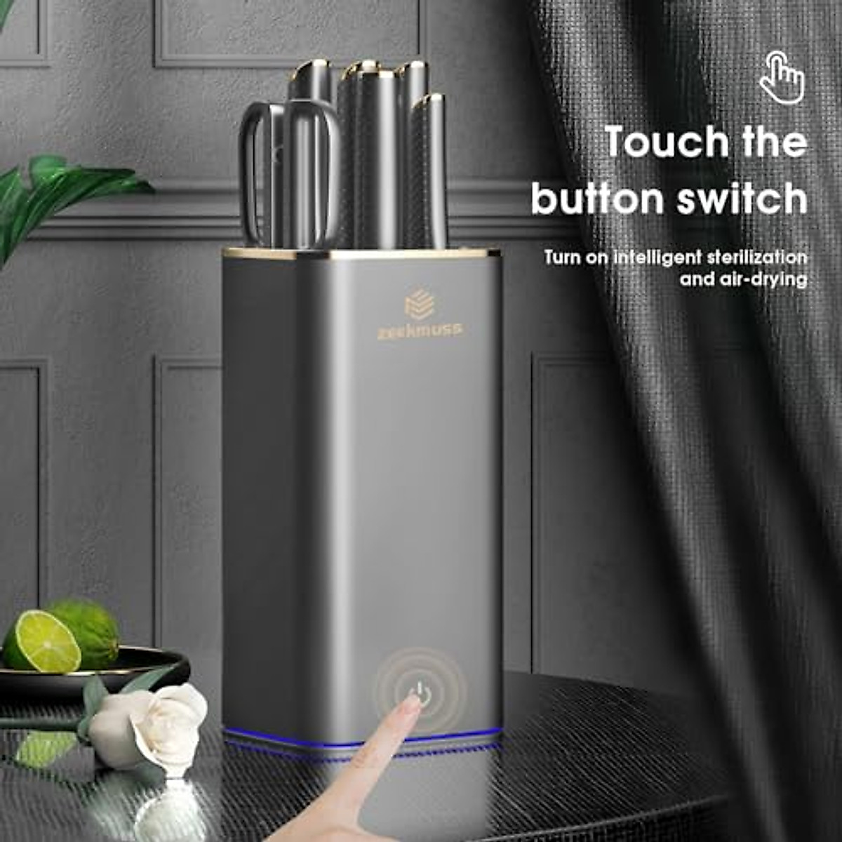 ZEEKMUSS Knife Set Knife Sets for Kitchen with Block 6-Piece Stainless Steel Block Knife Set with Sharpener Kitchen Scissors Smart Knife Holder Keep Clean and Dry Kitchen Home Gift (Grey)