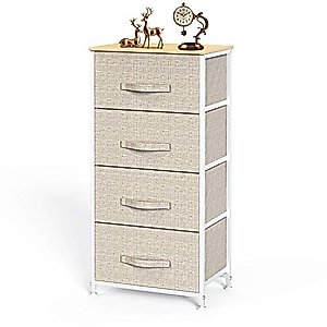 Pipishell Dresser with 4 Drawers, Tall Storage Tower with Sturdy Steel Frame Wood Top，Fabric Dresser Organizer Unit for Bedroom, Hallway, Entryway, Closets, Nursery Room