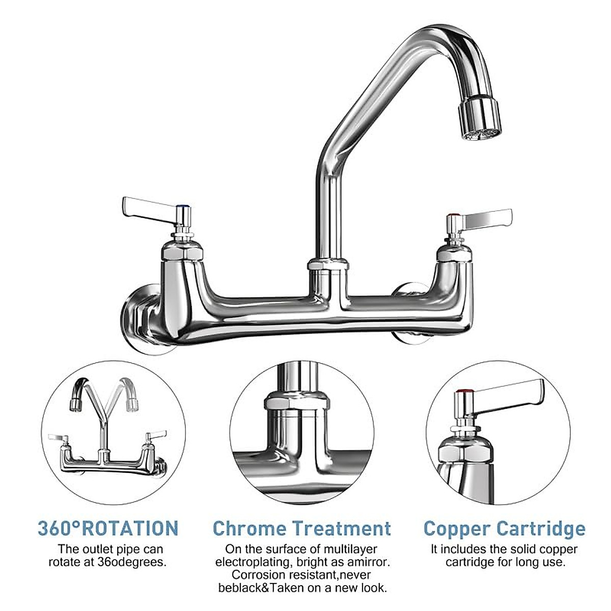 CWM Wall Mount Commercial Sink Faucet 8 Inches Commercial Faucet with 14 Inches Spout