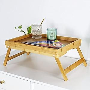WKWKER Bamboo TV Bed Tray Table with Folding Legs Serving Trays Drawing Table Portable Laptop Desk Snack Table Breakfast Trays (Natural)