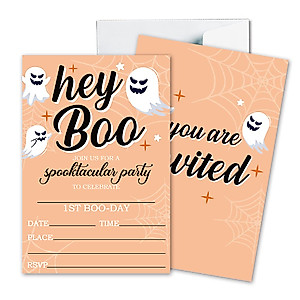 Deluxe Halloween or Costume Party Invitations, 25 Fill-in Cards with Envelopes, Pumpkin, Ghost, Monster, Cute Trick or Treat, Box or Treat for Kids Birthday or Adult party - 4"X6" (JRM358)