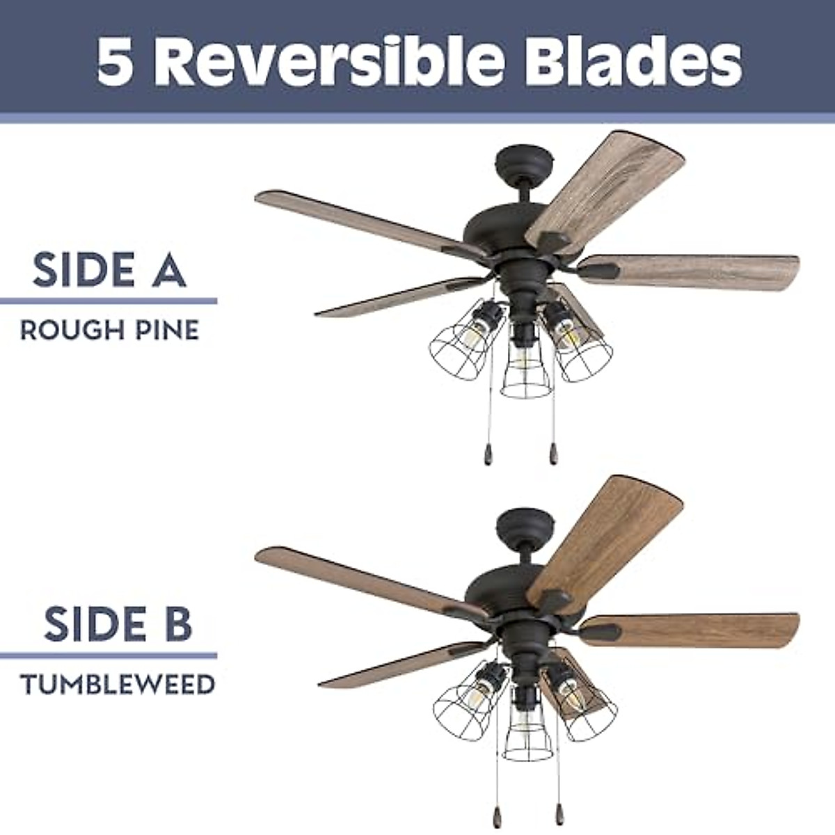 Prominence Home Madison County, 42 Inch Industrial Style LED Ceiling Fan with Light, Pull Chain, Three Mounting Options, Modern Dual Finish Blades, Reversible Motor - 50588-01 ( Bronze)