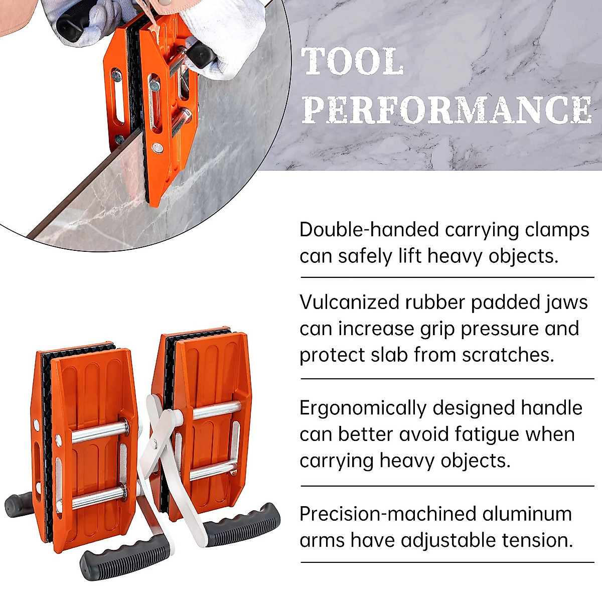 SDRTOP 2 PACK Double Handed Stone Carrying Clamps Granite Panel Carriers Lifting Tools 660lbs Transporting Heavy Duty Carry Clamp for Glass Quartz Slabs Marble with Rubber-lined （0-2.36in)