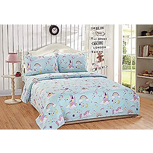 Elegant Homes Multicolor Aqua Blue Purple Castle Princess Unicorn Rainbow 4 Piece Printed Sheet Set with Pillowcases Flat Fitted Sheet for Girls/Kids/Teens # Unicorn Blue (Queen Size)