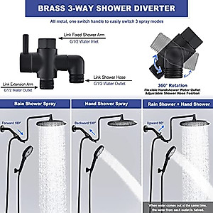 10" Rainfall Shower Head with Handheld Combo, Upgrade 12" Extension Arm Height Adjustable, 3-Way High Pressure Spray, Brass Holder Extra Long Hose, Matte Black