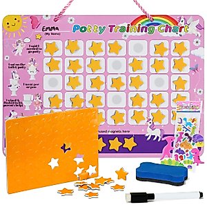 Potty Training Chart for Toddler Girls, Unicorn Theme, with 35 Reusable Magnetic Stars and Cool Stickers, Marker, Eraser & Hook Included, Motivational Unicorn Potty Training Rewards Chart for Girls