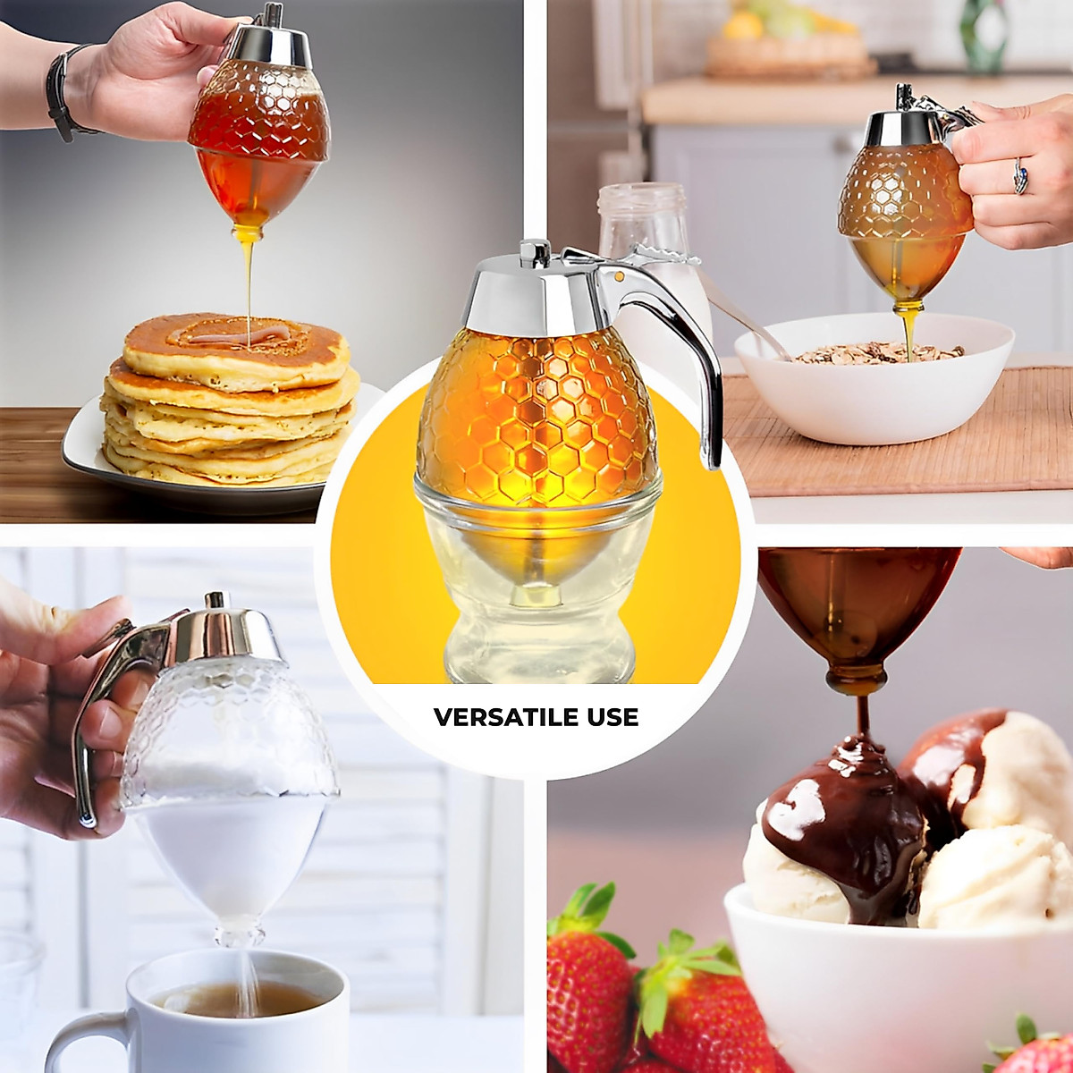 Hunnibi Honey Dispenser PLUS - No Drip Glass with STAINLESS STEEL TOP - Syrup Dispenser Glass - Beautiful Honey Pot - Honey Jar with Stand