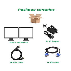 BTO New Dual 19 Inch LED Computer Desktop Tower Monitor, HD+ 1440 x 900 IPS Crisp Display, HDMI and VGA Port, 75Hz Refresh Rate, VESA Mountable, [ Black ]