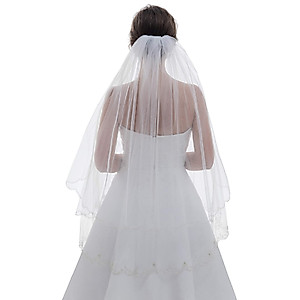 2T 2 Tier Silver Threaded Beaded Wedding Veil V426 - Light Ivory Fingertip Length 36"