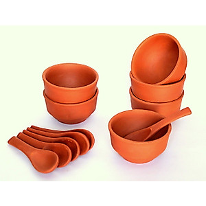 KLEO - Clay Re-usable Soup Bowls and Spoons - Set of 12 | Terracotta Soup Bowls Set - 3.75" Inches - Brown