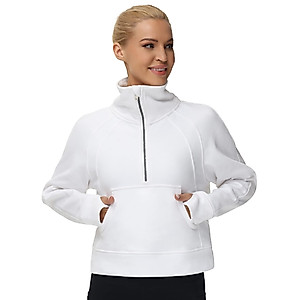 THE GYM PEOPLE Women's Half Zip Pullover Sweatshirt Fleece Stand Collar Crop Sweatshirt with Pockets Thumb Hole White