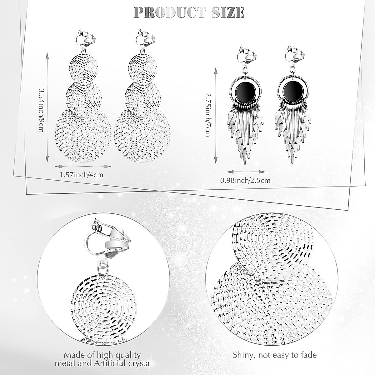 12 Pairs Clip on Drop Dangle Earrings Set Bohemian Tassel Pendant Clip Earrings Plated Ear Clips Non-Piercing Pendant Earrings for Women (Silver)