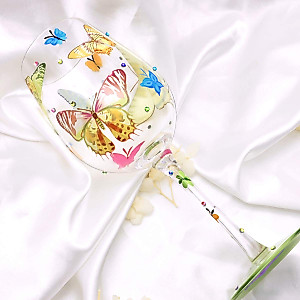 NymphFable Hand-painted Wine Glass Colorful Butterflies Artisan Painted Glass 15 oz Novelty Gift for Birthdays,Weddings,Valentine's Day