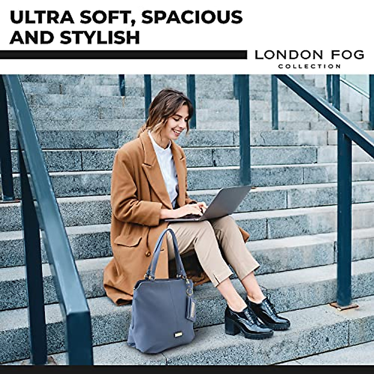 LONDON FOG FLORIANA Satchel for Women, Vegan Leather Shoulder Bag with ID Wallet - Denim