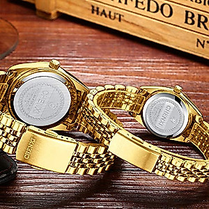 MASTOP Couple Watches Classic Golden Stainless Steel Watch His and Hers Waterproof Quartz Watch (Full Gold)