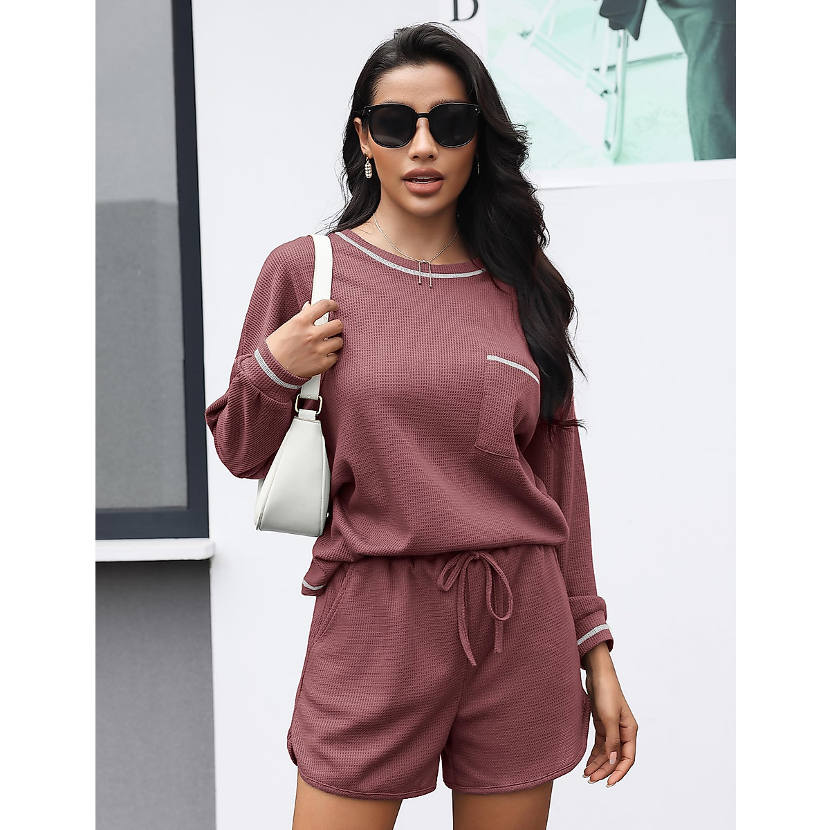 Andeip Lounge Set for Women Two Piece Long Sleeve Waffle Pjs Set Contrast Stitching Pajama Sets Red L