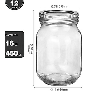 KAMOTA Mason Jars 16 OZ With Regular Lids and Bands, Ideal for Meal Prep, Jam, Honey, Wedding Favors, Shower Favors, Baby Foods, DIY Spice Jars, 12 PACK, 20 Whiteboard Labels Included