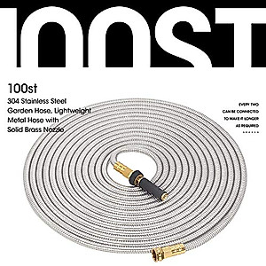 SCRIPTRACT 100’304 Stainless Steel Garden Hose with Free Removable Brass Nozzle Lightweight Metal Hose - Portable Durable and Resistant to Knots, Tangles and Punctures (100)