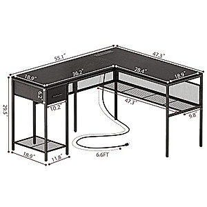 SUPERJARE L Shaped Desk with Power Outlets, Computer Desk with Drawer, Reversible Corner Desk with Grid Storage Bookshelf, Home Office Desk, Black