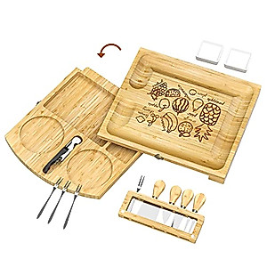 Cheese Board Charcuterie Board Set - Swiveling Wine Meat Cheese Platter Bamboo Cheese Server with Knives, Forks, Wine Opener, Ceramic Bowls for Gathering Party - Warming Gift for Women Friend