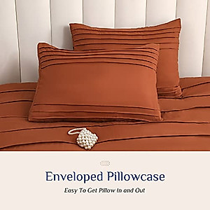 Argstar 3 Pieces Pleated Duvet Cover King, Burnt Orange Boho Textured Duvet Cover, 100% Washed Microfiber Soft Striped Comforter Cover with Zipper & Ties (1 Rust Duvet Cover, 2 Pillowcases)