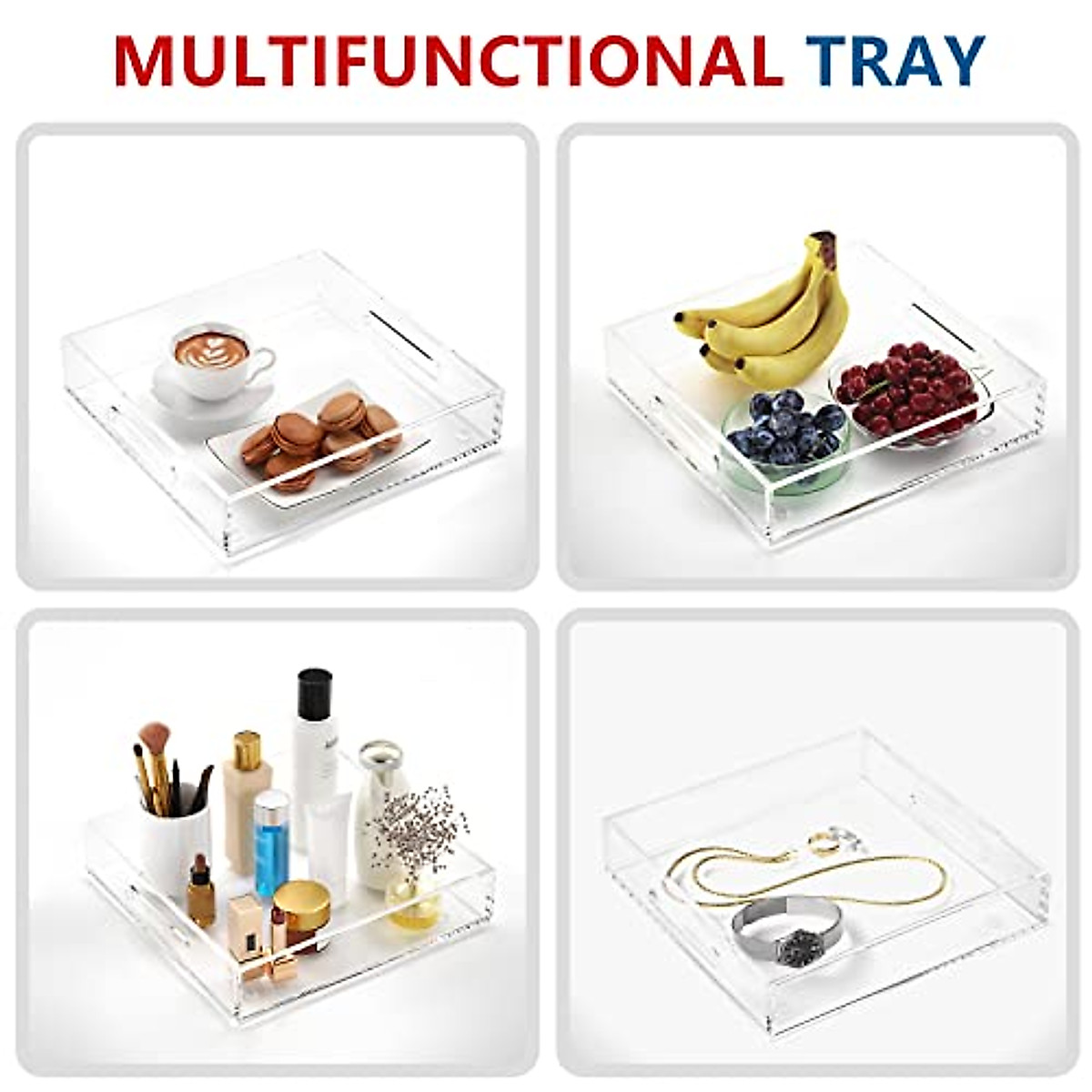 KOTEMON Acrylic Serving Tray with Handles-12x12x2.36Inch-Decorative Tray Letter Tray Organizer for Ottoman Coffee Table Countertop, Clear