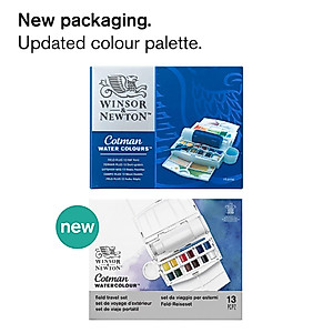 Winsor & Newton Cotman Watercolor Paint Set, Field Travel Set, 12 Half Pan w/ Brush, Mixing Palette, Bottle