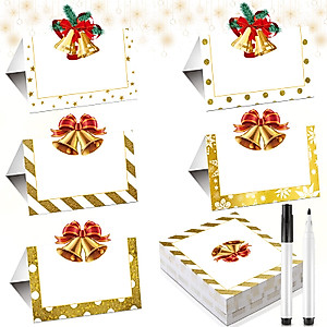 Cholemy 100 Pack Christmas Place Cards Table Name Cards Holders with 2 Pens Snowflakes Star Polka Dots Blank Setting Cards Tented Dinner Card Folded Place Card for Xmas Party Holiday Wedding,5 Styles