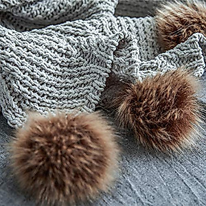 vctops Fur Pom Pom Knit Throw Blanket Super Soft Warm Cozy Cable Knitted Blanket for Sofa and Couch 51 x 63 Inch Light Grey