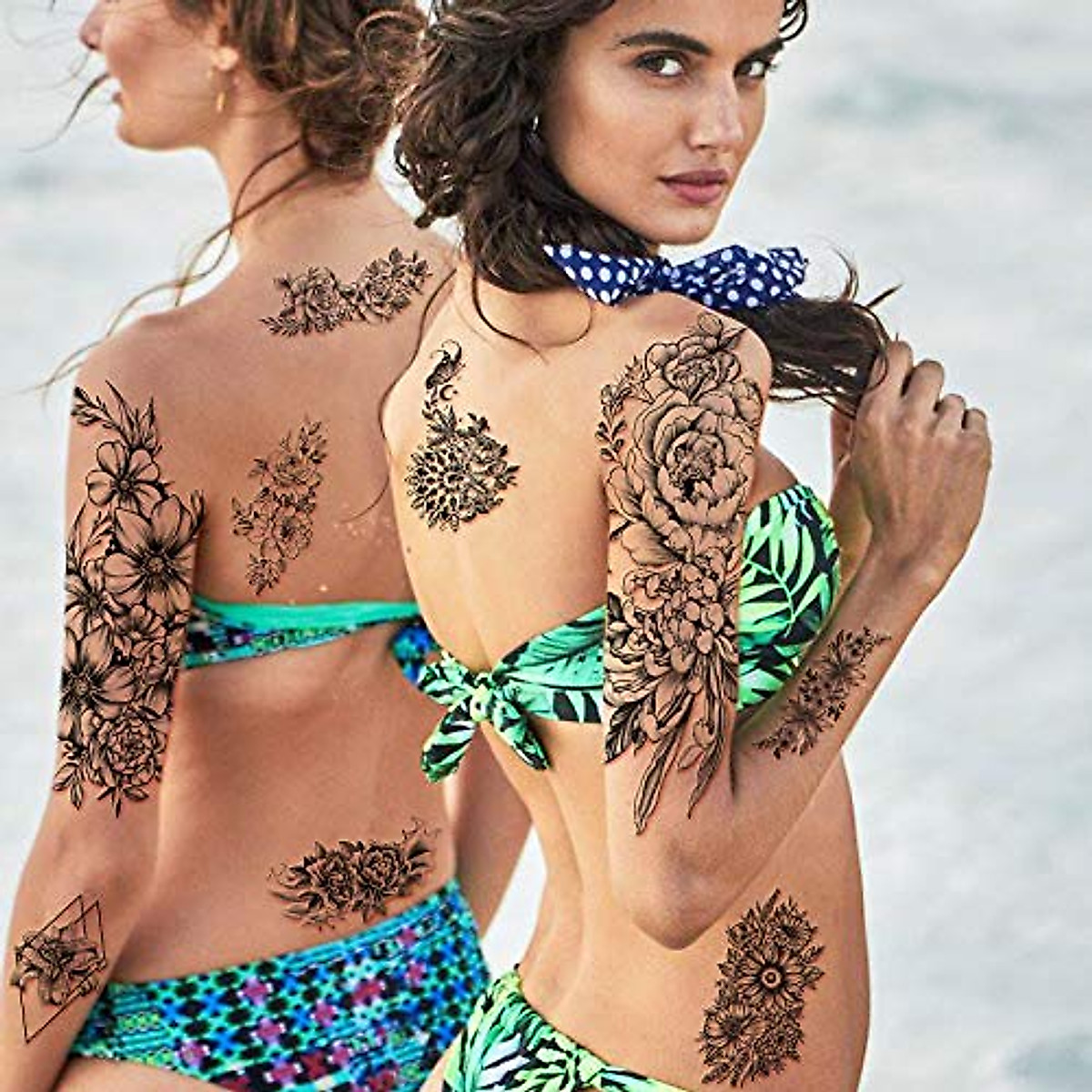 Yazhiji 40 sheets Lasting Temporary Tattoos Large Chrysanthemum and Lotus Flowers Collection Waterproof Temporary Fake Tattoo Stickers for Women and Girls