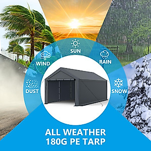 Raxmolo 10x20FT Heavy Duty Carport, Portable Garage with Removable Sidewalls and Doors for Car, Truck, SUV, UV Resistant Waterproof Carport Canopy for Outdoor, All-Season Tarp for Car (Gray)