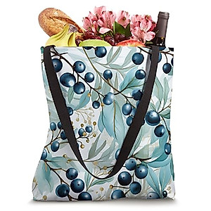 Floral Christmas Pattern For Nature Lover Blue Holly Berry Tote Bag