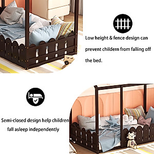 Harper & Bright Designs Twin House Bed Frame for Kids, Montessori Floor Bed Twin with Fence-Shaped Rails, Wood Toddler Twin Floor Bed Frames for Girls, Boys(Twin, Espresso)