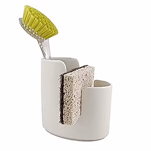 Scarlettwares Dish Sponge Scrub Brush Dish Wand Holder Kitchen Sink Caddy Ceramic White Dishwasher Safe Modern Farmhouse Elegant Sturdy No Rust