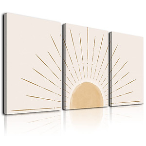 Boho Wall Art Set of 3, Framed Canvas Wall Art Yellow Sun Rising on the Horizon Geometric Nature Illustrations Line Art Wall, Mid-Century Modern Prints Boho Sun Wall Decor for Living Room, Bedroom, Bathroom, Office, 12"x16" Natural