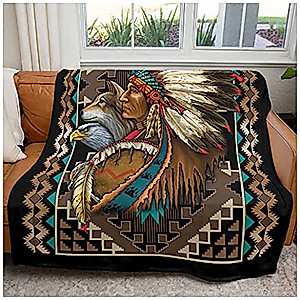 Leather Supreme Native American Chief Eagle Wolf 50x60 Soft and Plush Minky Polyester Throw Blanket