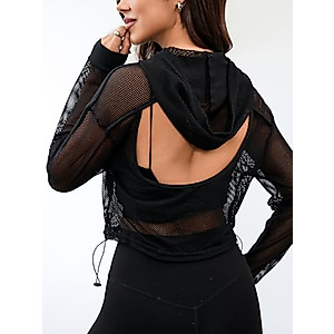 SweatyRocks Women's Activewear Long Sleeve Hollow Out Drawstring Hooded Sweatshirt Sports Crop Top Black M