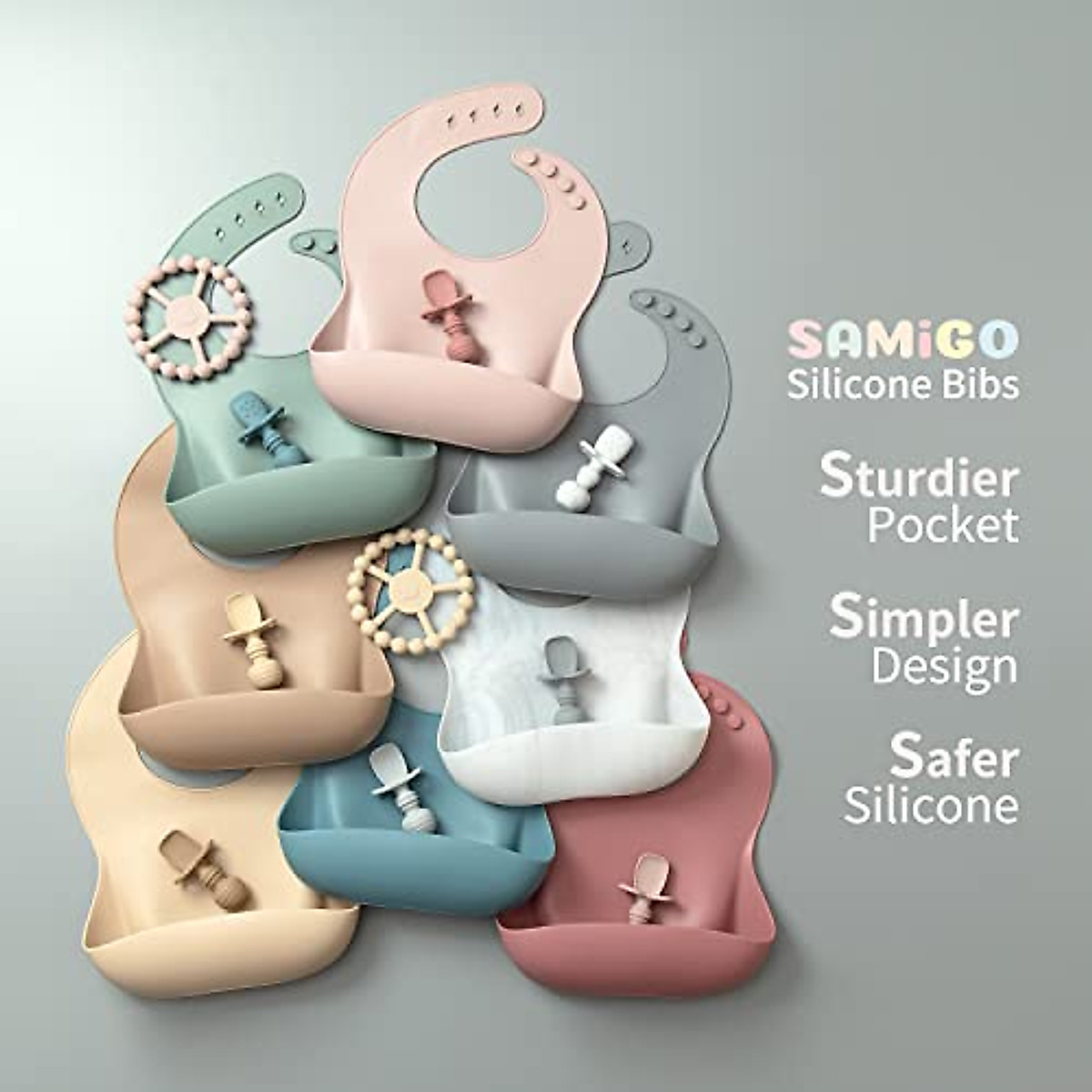 SAMiGO Baby Led Weaning Supplies - Silicone Baby Feeding Set - Suction Bowl Divided Plate Bib Cup Self Feeding Spoons - Toddler Baby Dish Set - First Stage Solid Food Eating Utensils - 6+ Months