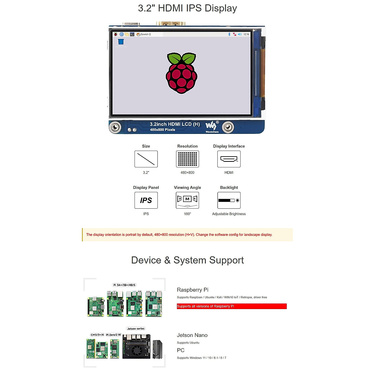 XYGStudy 3.2inch HDMI IPS LCD Display (H) Resolution 480×800 Adjustable Brightness Backlight No Touch Panel Supports Raspberry Pi Jetson Nano Windows 11/10 / 8.1/8 / 7 PC