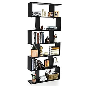 Tangkula 6 Tier S Shaped Bookshelf, 31.5''L x 9''W x 75''H, Wooden Bookcase and Bookshelves w/Anti-Toppling Device, Room Divider Display Shelves for Living Room, Home Decor, 6 Shelf Bookshelf