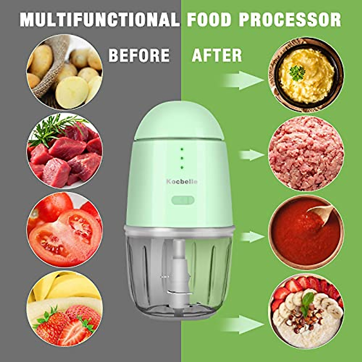 Food Processor - Cordless Mini Food Processor & Portable Small Food Chopper for Vegetables Fruit Salad Onion Garlic,Kitchen,1.3Cup 10 0z,150 Watts,Glass Container Dishwasher Safe (Green)